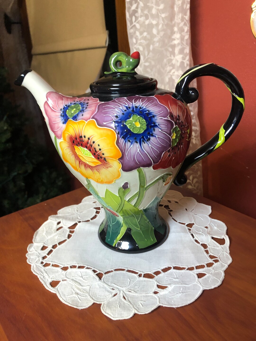 Poppy Tea Pot Unique Blue Sky Pottery Bright Vivid Color Raised Floral ...