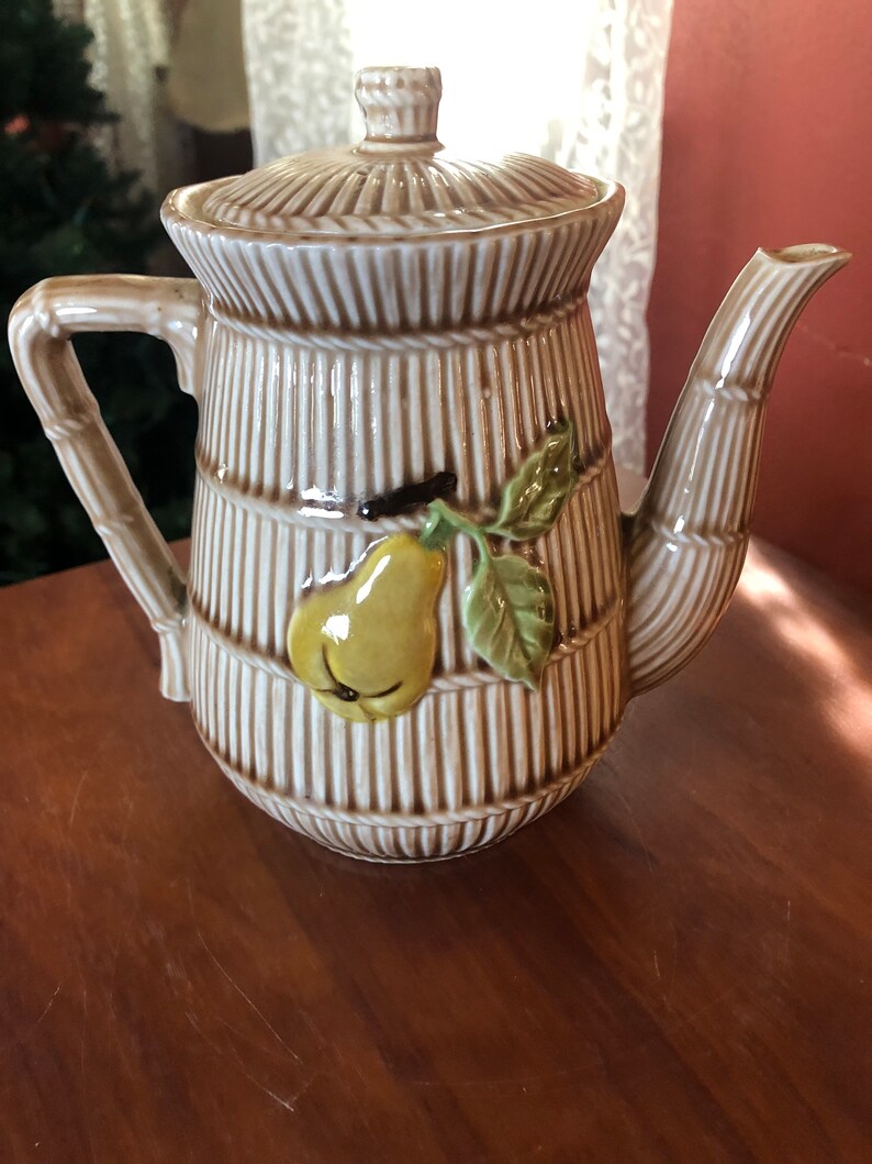 MCM Brown Ribbed Fruit Teapot Midcentury Japanese Pears Apple Grape ...