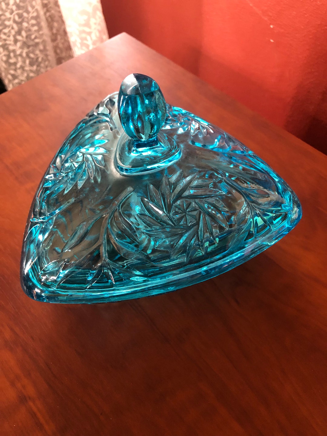 Hazel Atlas Depression Glass Triangle Candy Dish With Lid MCM Ritz Blue ...