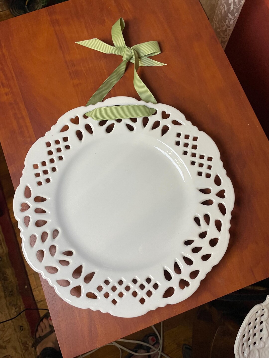 Reticulated White Wall Decor Plate: Green Ribbon Hanger, Two's Company ...