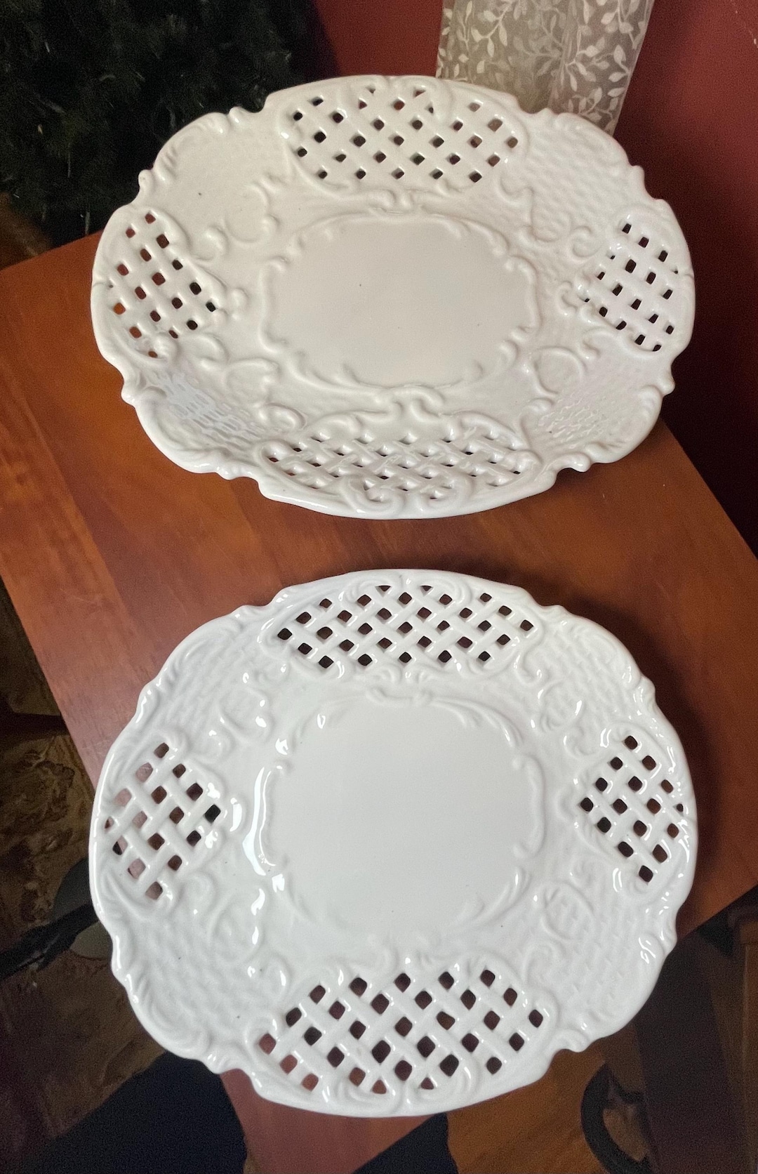 Set of Two Reticulated Lattice Style Decorative White Plates Oval ...