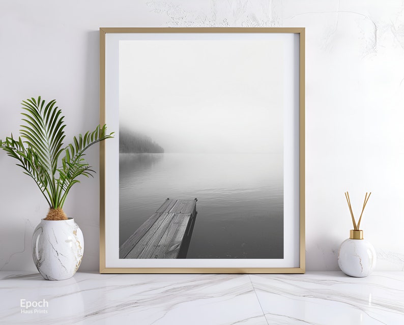 Black and White Photograph of Boat Dock on Lake, Scenic Photos, Wall ...