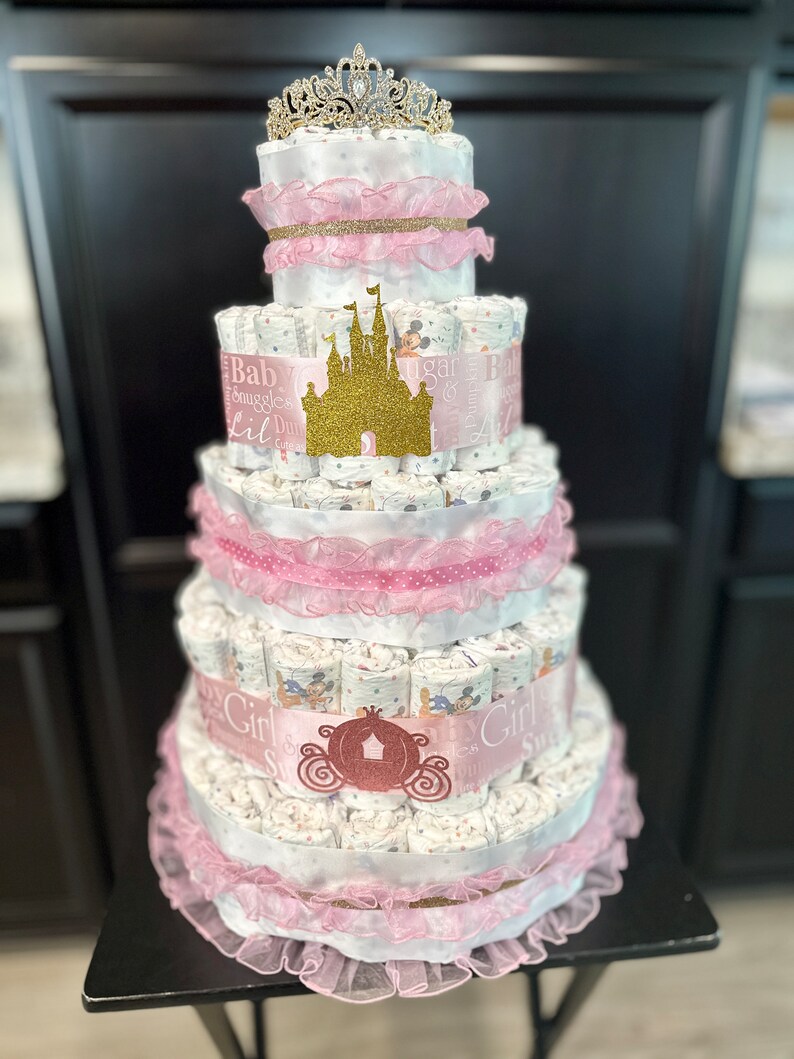 5 Tiers Diaper Cake. Unique Princess Diaper Cake With Crystaltiara ...