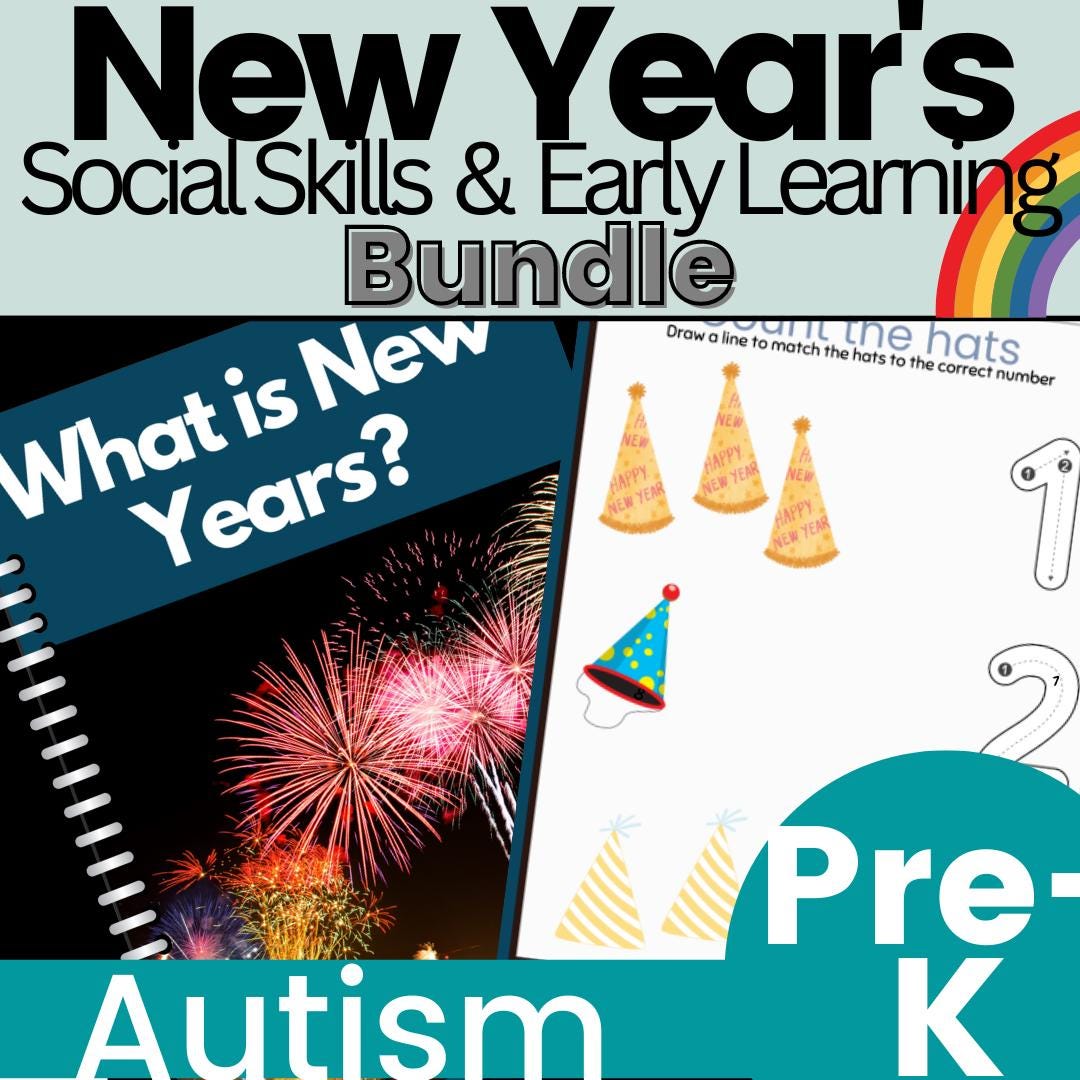 New Year's Social Story & Early Learning Bundle: Autism Coping Skills ...