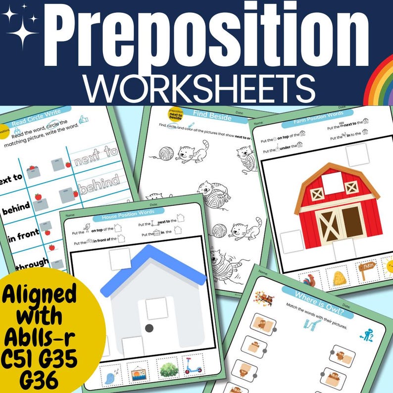 Preposition Worksheet Bundle Aligned W ABLLS C51 G35 G36 Label ID ...