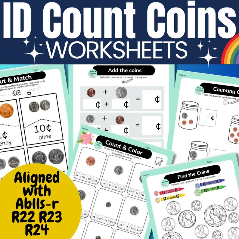 Money Worksheets ID Coins by Name & Value Count Coins Aligned With ...
