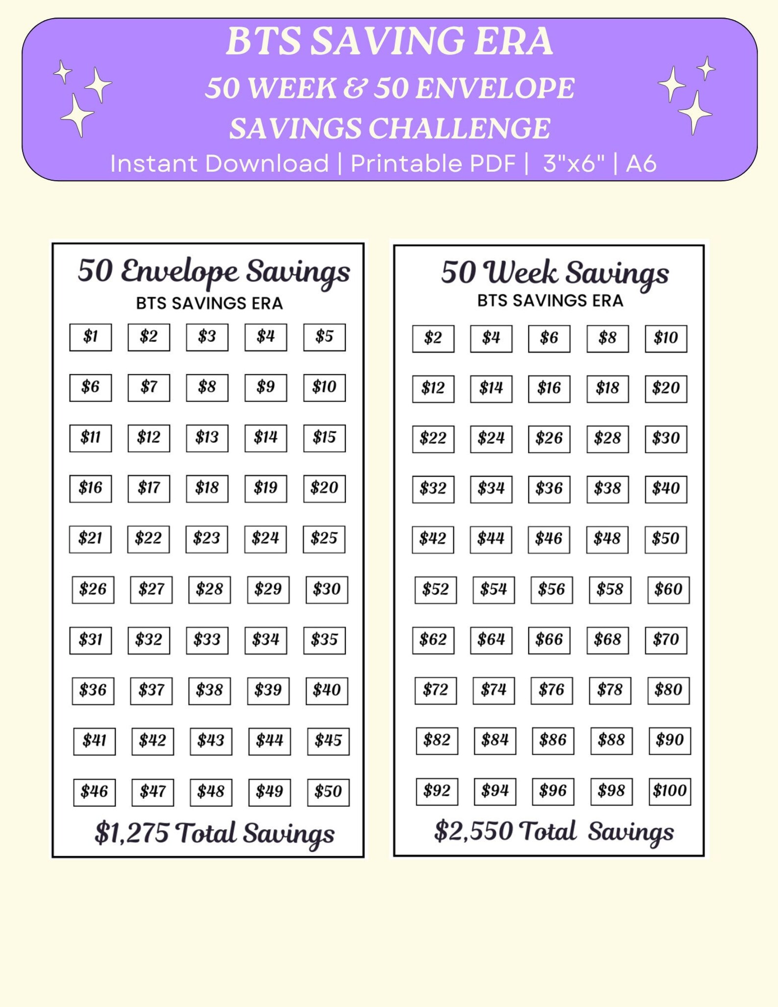 BTS Savings Challenge: 50 Week & Envelope Tracker (PDF) - Etsy
