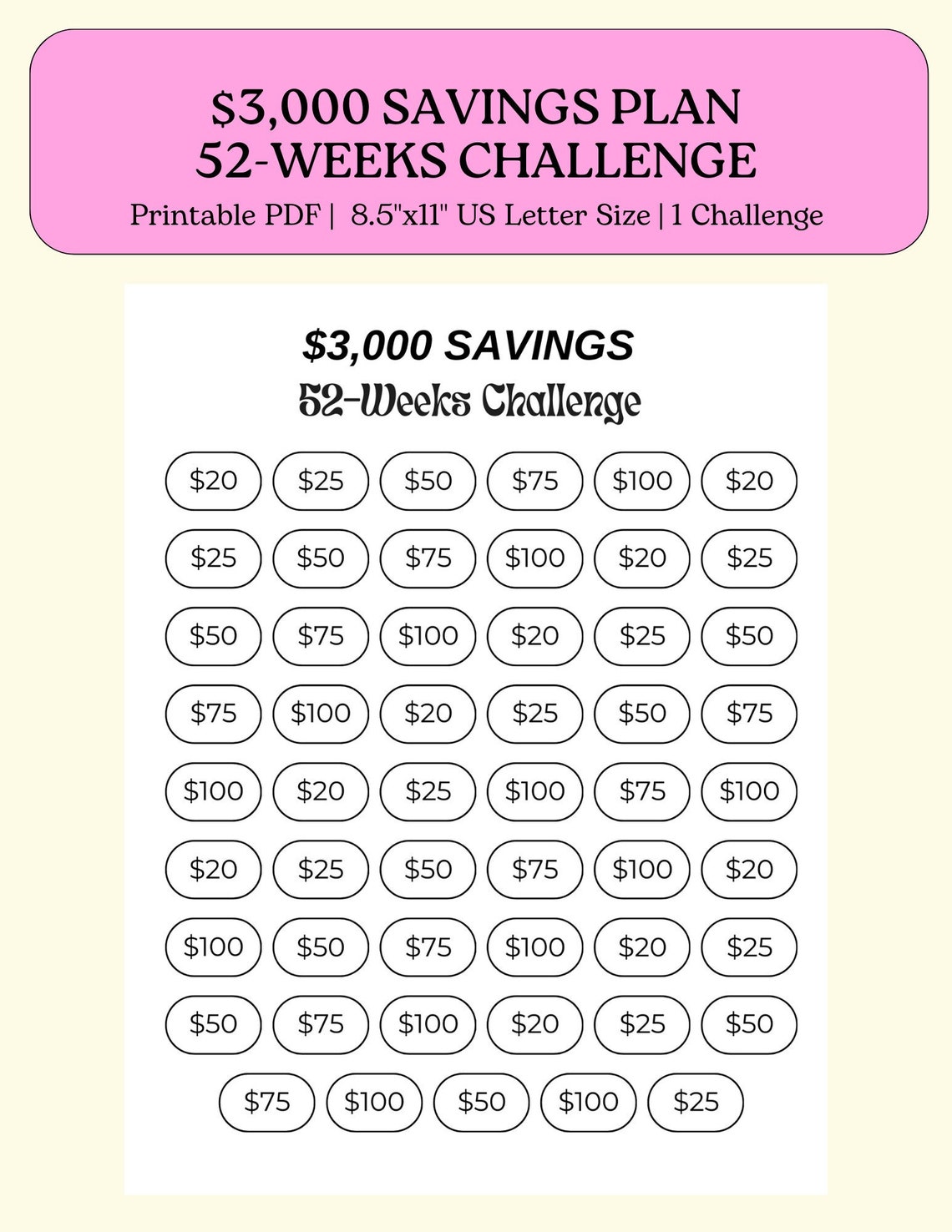 3,000 52 Weeks Savings Challenge / 3,000 Savings / Savings Challenge ...