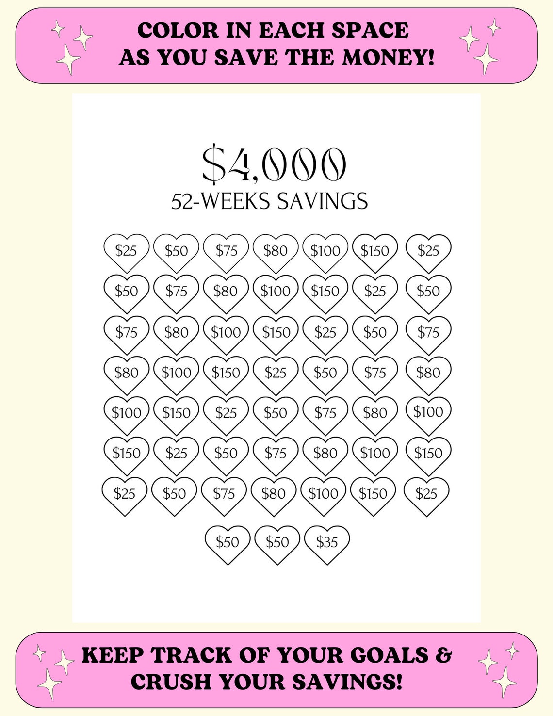 4,000 Savings Plan, 52 Weeks / 4,000 Savings / Savings Challenge ...