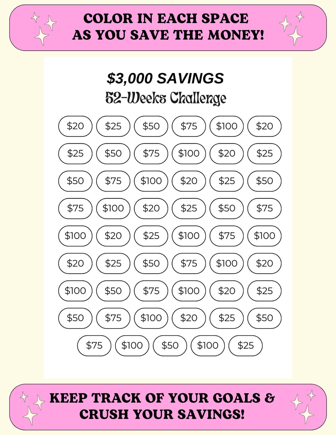 3,000 52 Weeks Savings Challenge / 3,000 Savings / Savings Challenge ...
