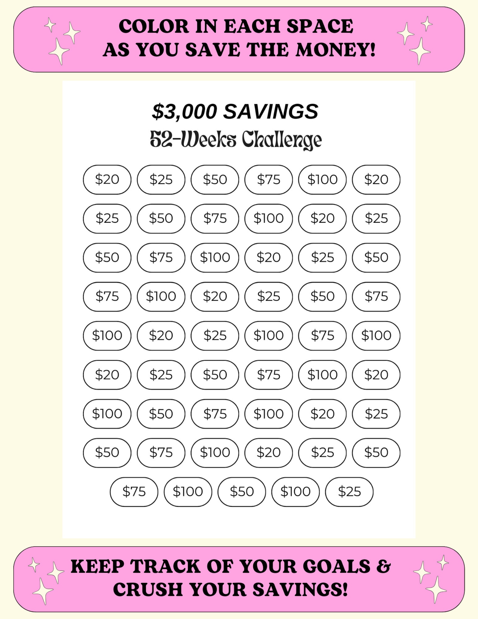 3,000 52 Weeks Savings Challenge / 3,000 Savings / Savings Challenge ...