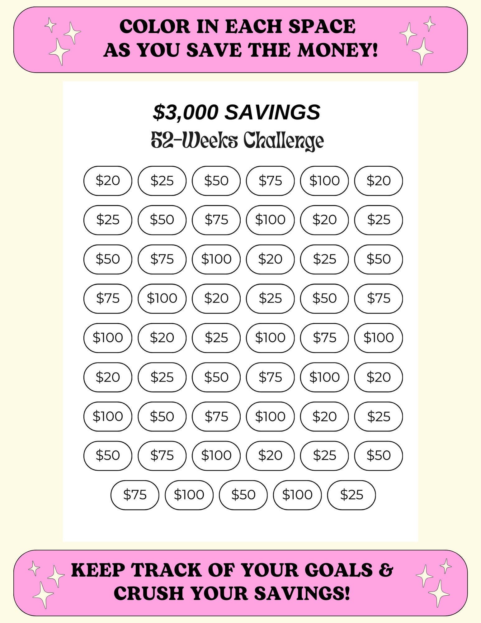 3,000 Dollar Savings Challenge, 52 Weeks Tracker (printable PDF) - Etsy