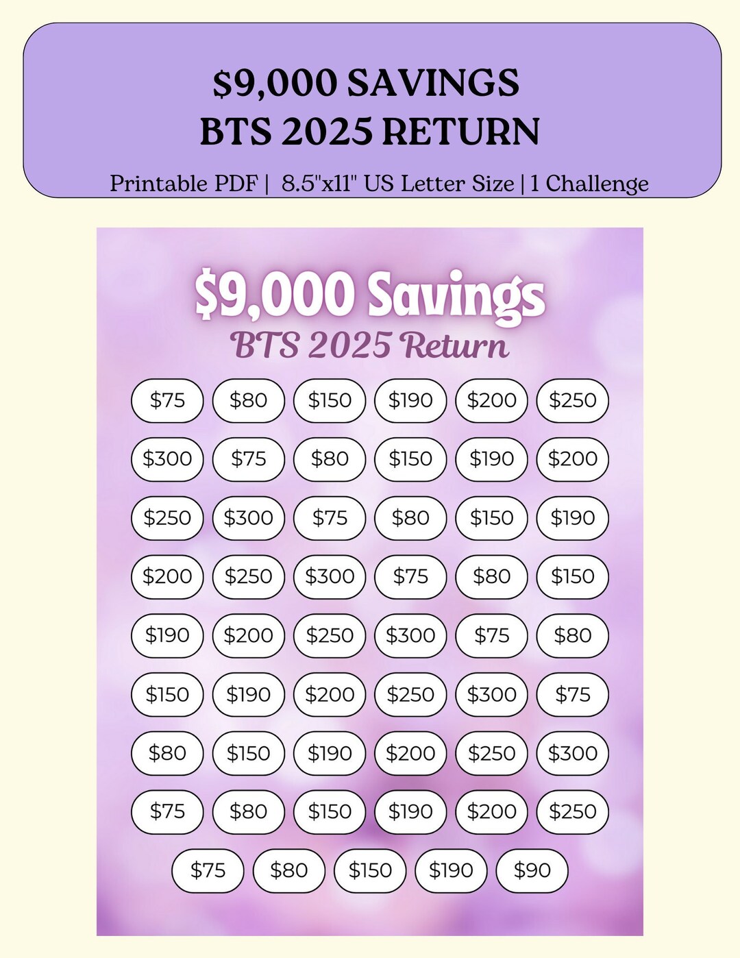 9,000 Savings for Bts 2025 Return / Saving Tracker / Saving Printable ...