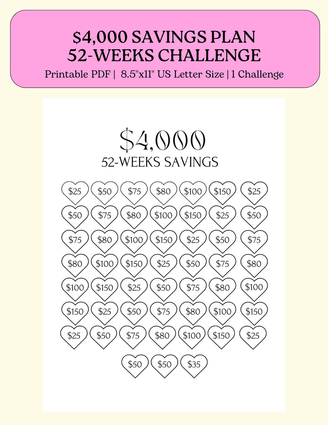 4,000 Savings Plan, 52 Weeks / 4,000 Savings / Savings Challenge ...