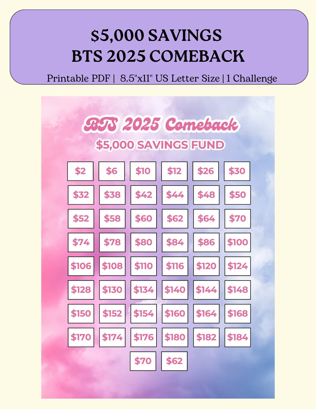 Bts 2025 Comeback Savings / 5,000 Savings / Savings Tracker / Budgeting ...