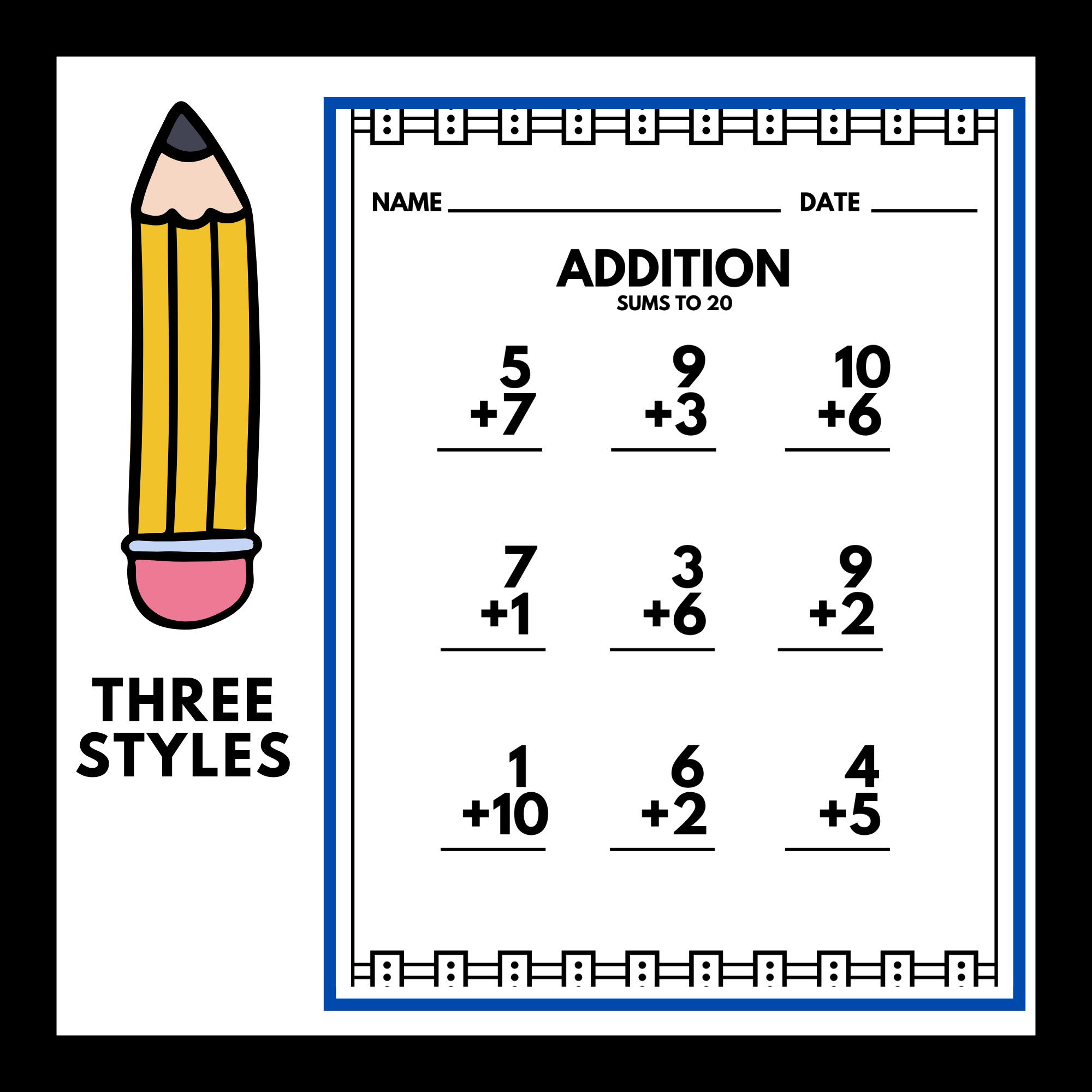 Math Worksheets - Printable - Instant Download - Addition - Sums to 20 ...