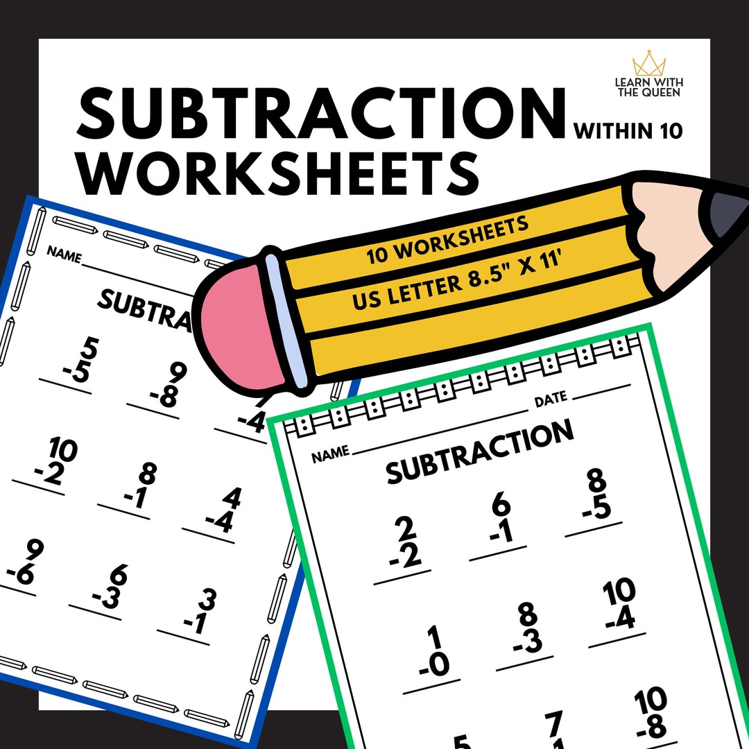 Math Worksheets - Printable - Instant Download - Subtraction - to 10 ...