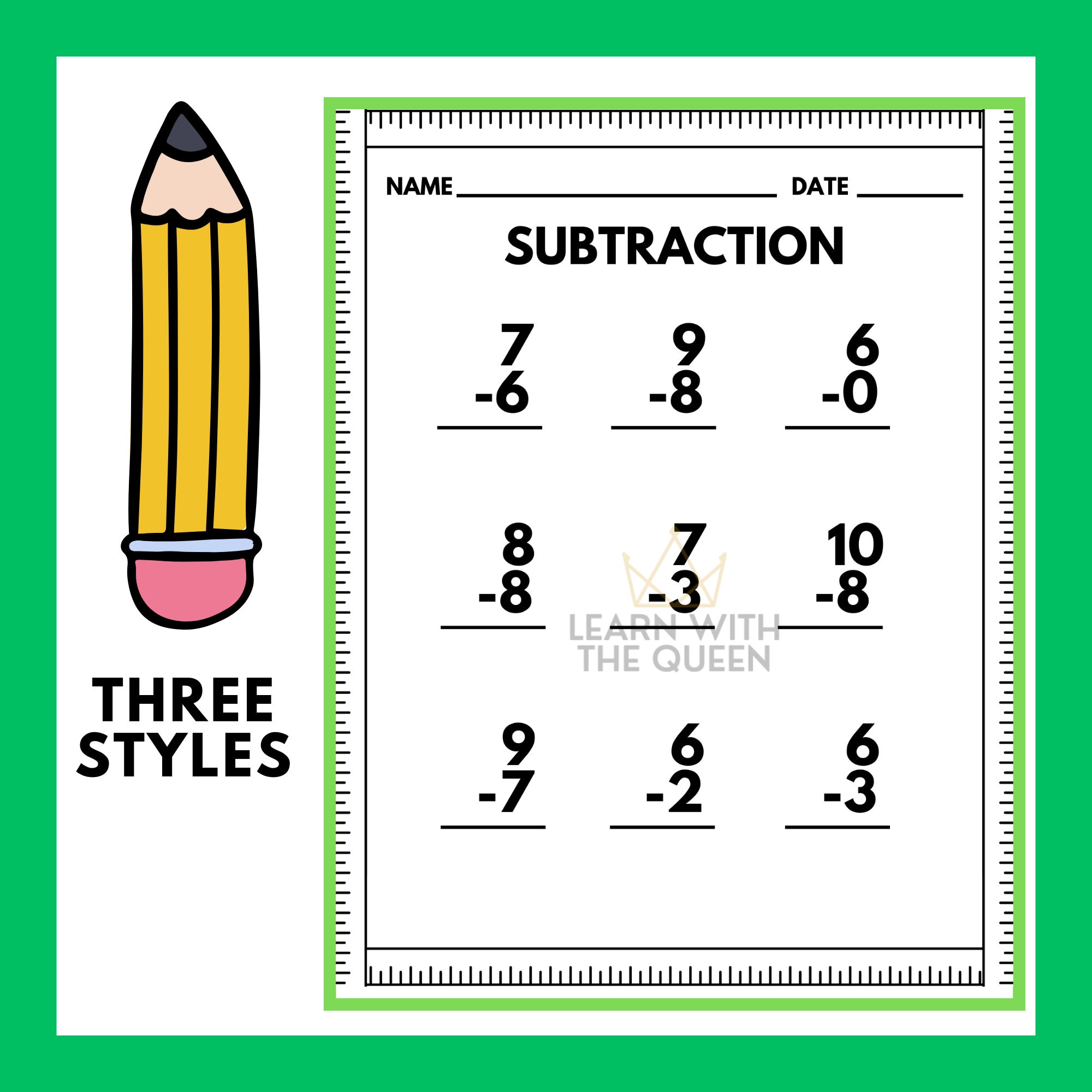 Math Worksheets - Printable - Instant Download - Subtraction - to 10 ...