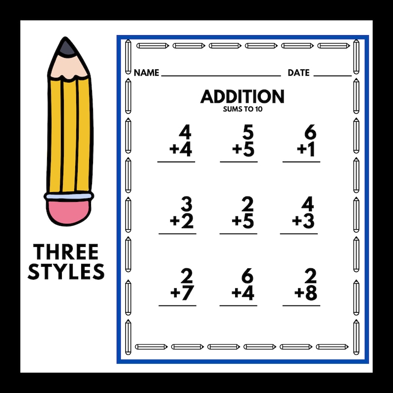 Math Worksheets - Printable - Instant Download - Addition - Sums to 10 ...