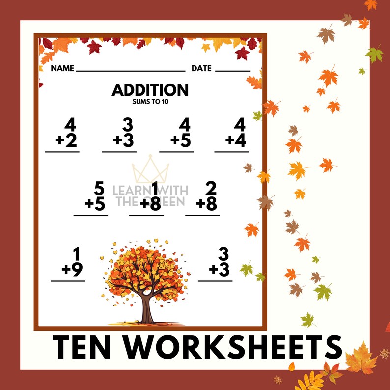 Math Worksheets - Printable - Instant Download - Addition - Sums to 10 ...