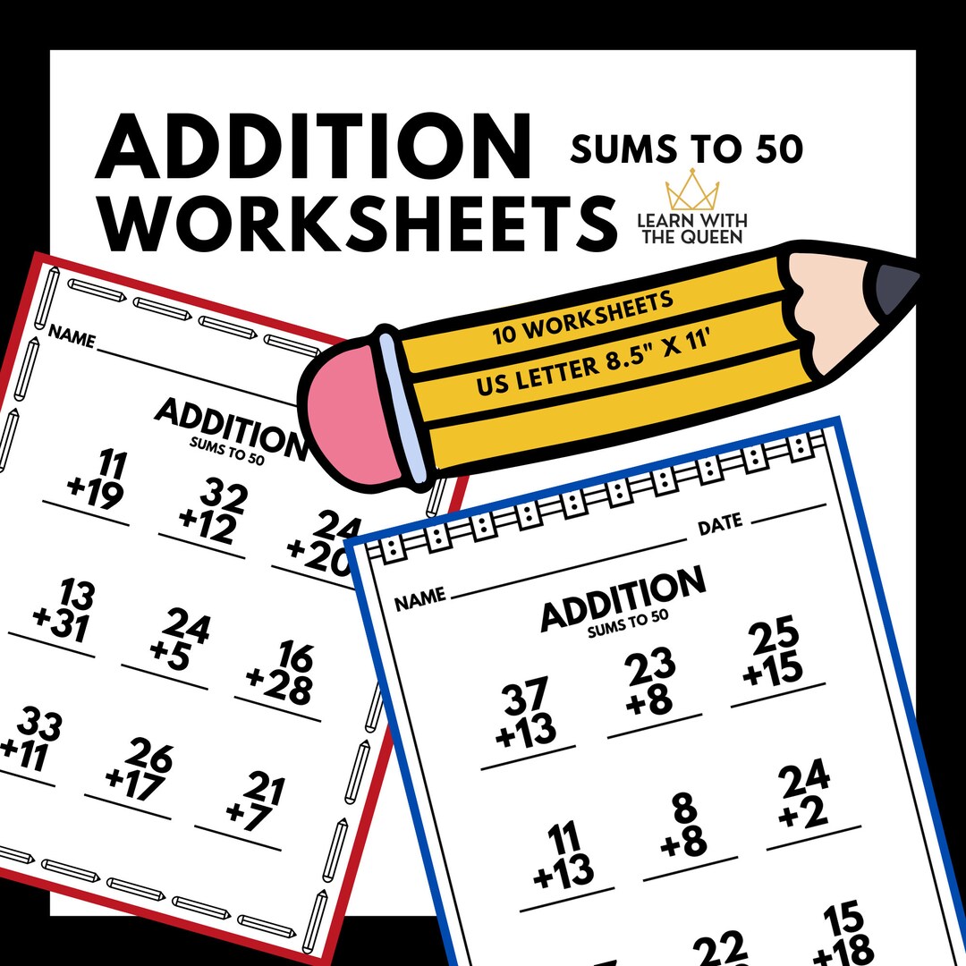Math Worksheets - Printable - Instant Download - Addition - Sums to 50 ...