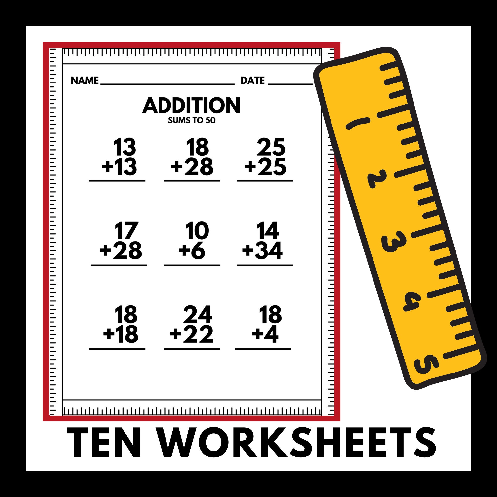 Math Worksheets - Printable - Instant Download - Addition - Sums to 50 ...