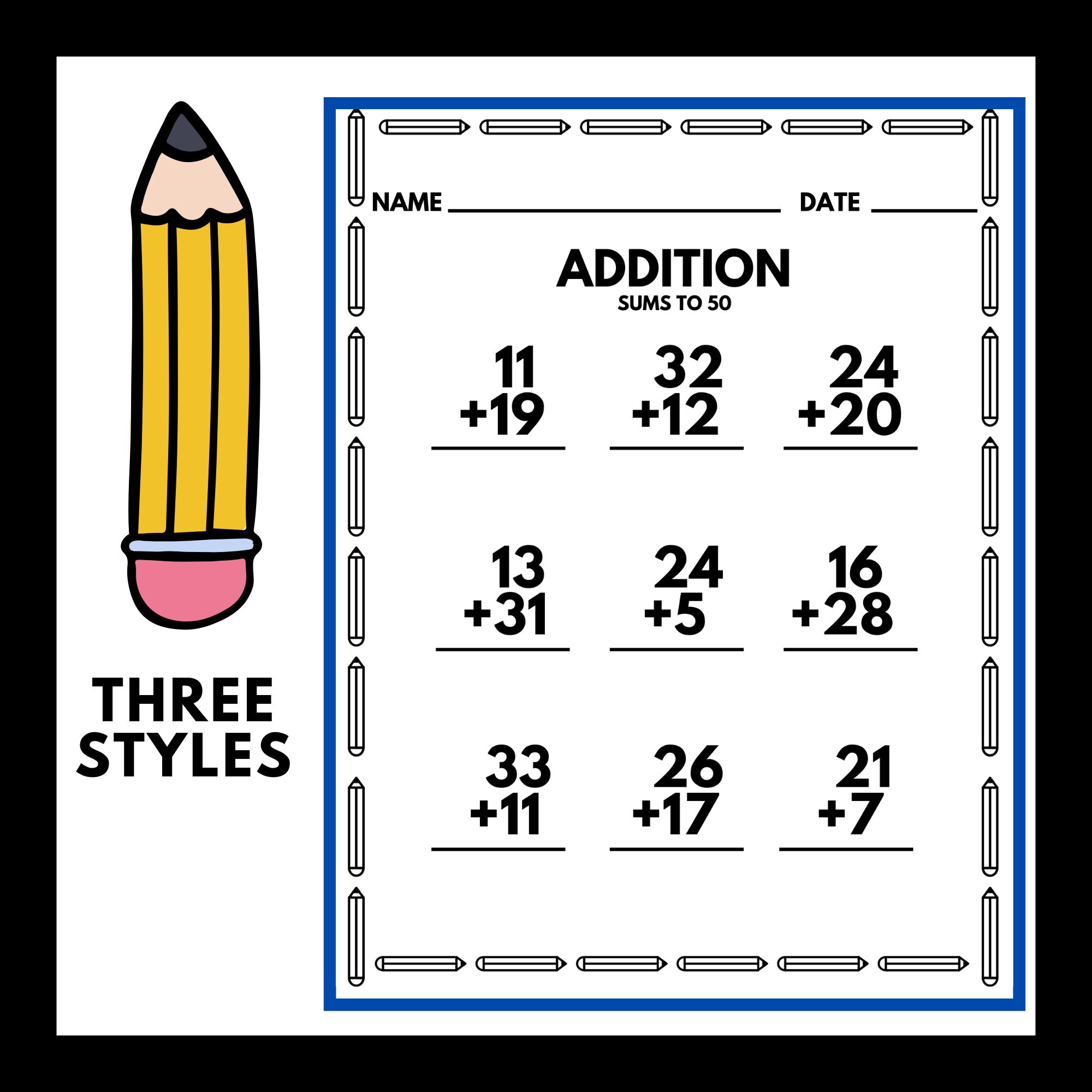 Math Worksheets - Printable - Instant Download - Addition - Sums to 50 ...