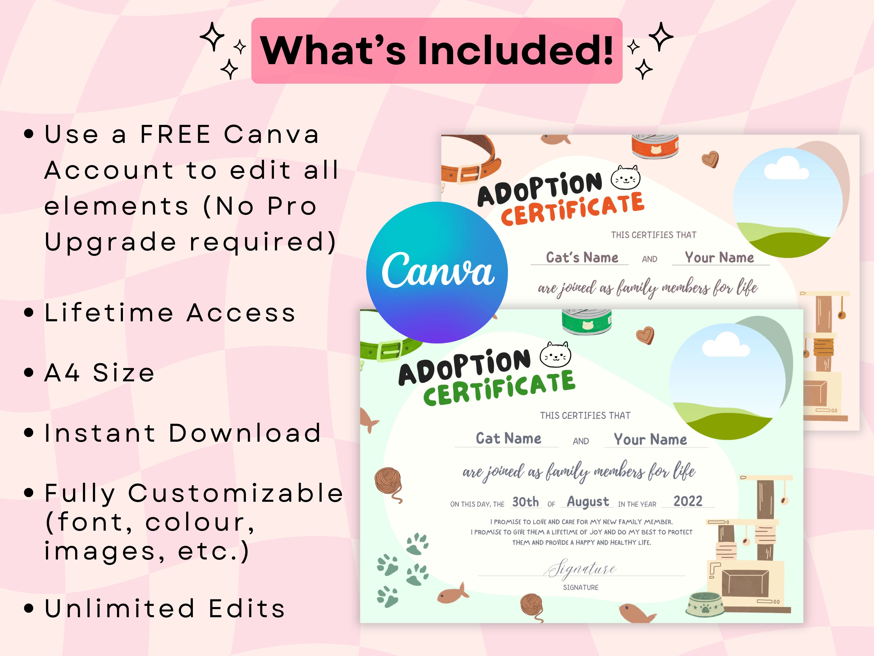 Cat Adoption Certificate Canva Template Instant Download - Etsy