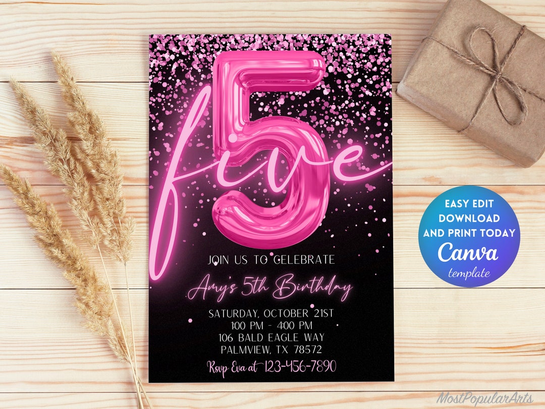 Editable Pink 5th Birthday Invitation Template, Glitter Birthday Party ...