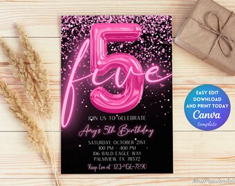 Editable Pink 7th Birthday Invitation Template, Glitter Birthday Party Invite, Rainbow Foil Girl ...