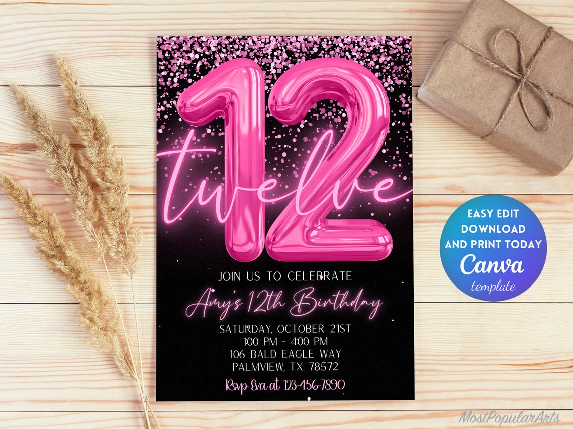 Editable Pink 12th Birthday Invitation Template, Glitter Birthday Party ...