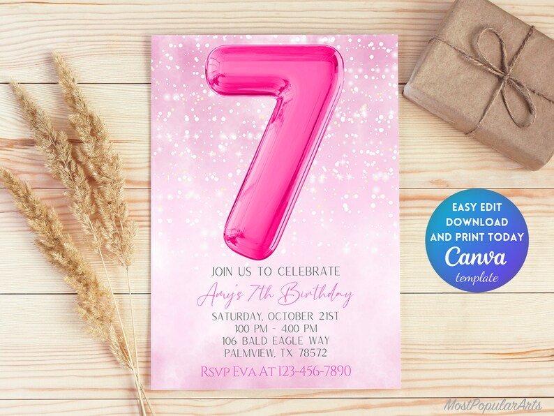 Editable Pink 7th Birthday Invitation Template, Glitter Birthday Party ...