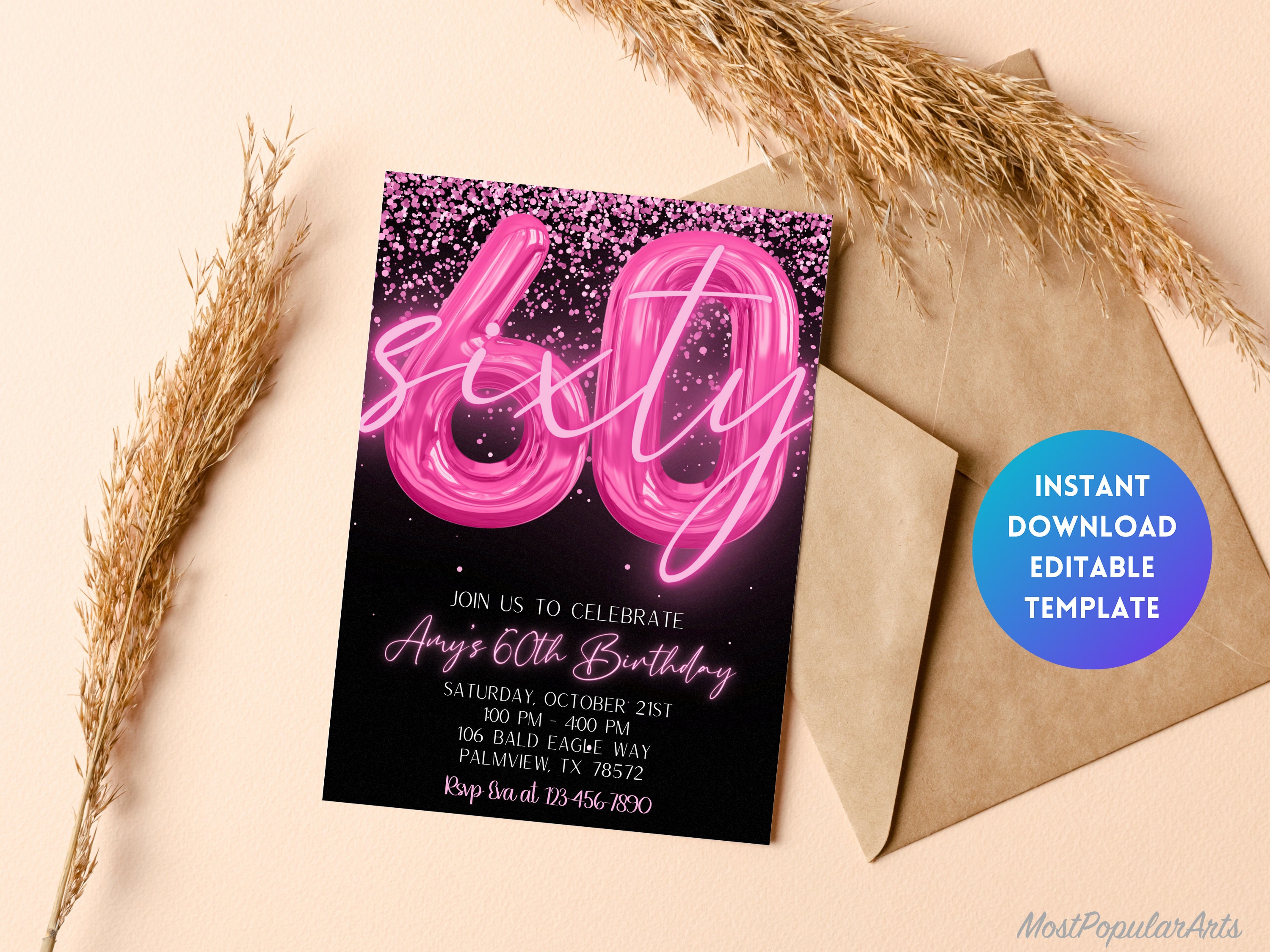 Editable Pink 60th Birthday Invitation Template, Glitter Birthday Party ...
