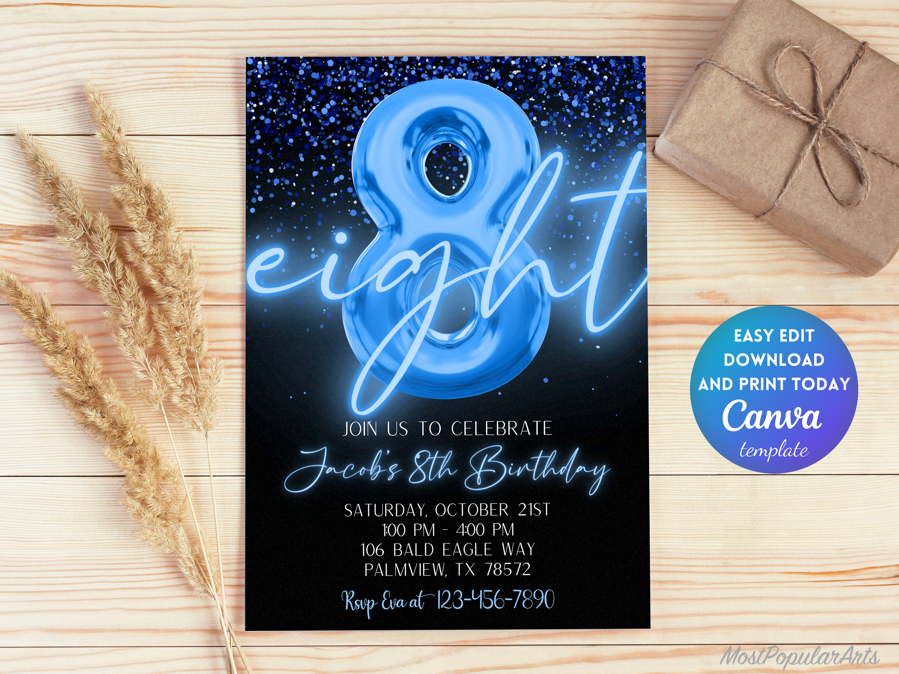 Editable Blue 8th Birthday Invitation Template, Glitter Birthday Party ...