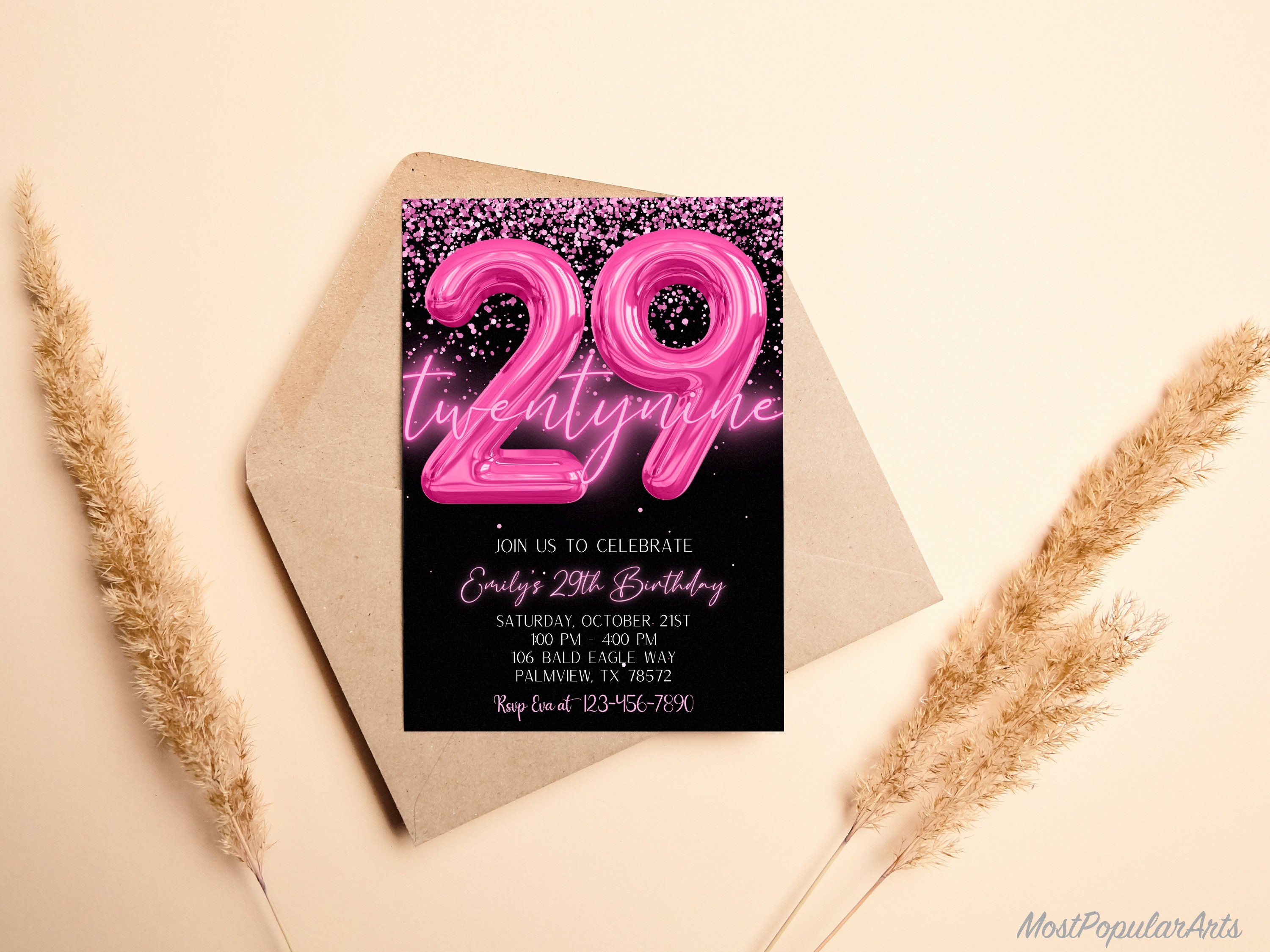 Editable Pink 29th Birthday Invitation Template, Glitter Birthday Party ...