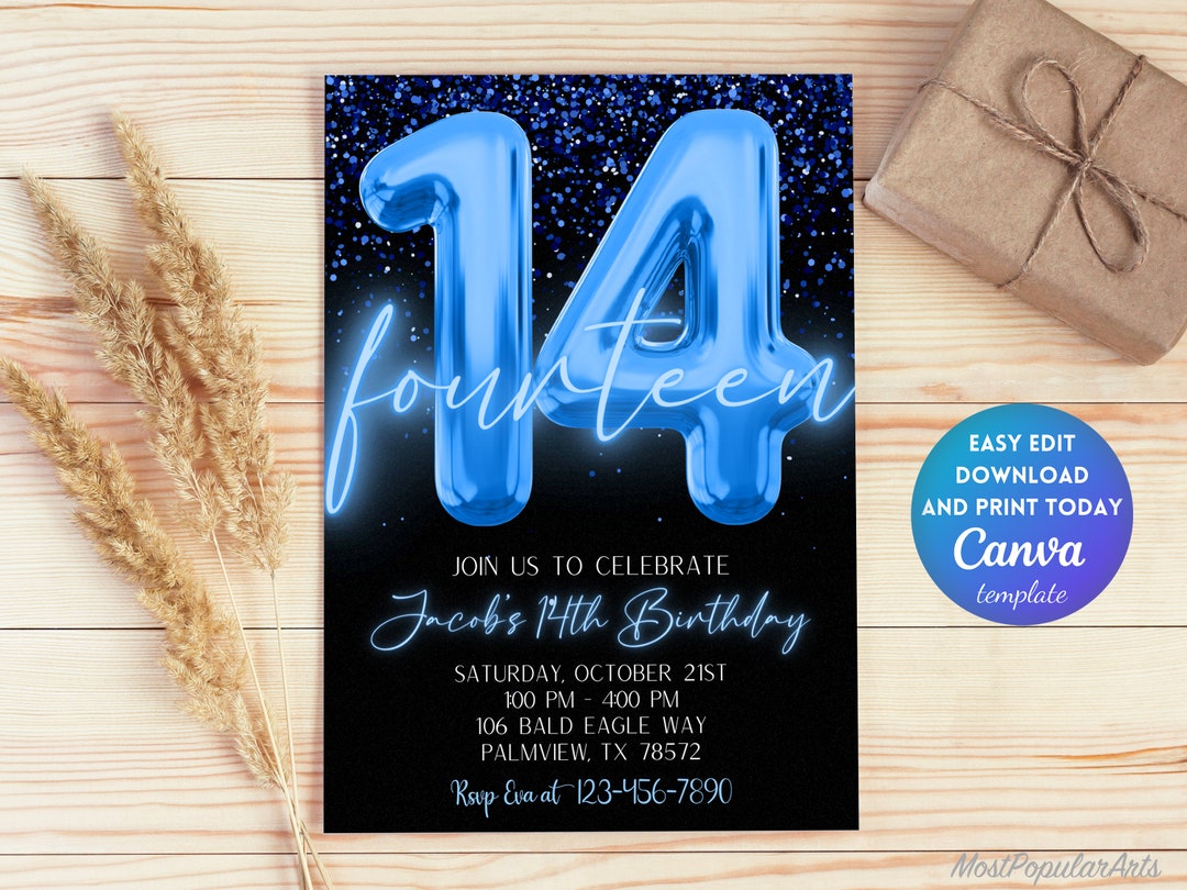 Editable Blue 14th Birthday Invitation Template, Glitter Birthday Party ...