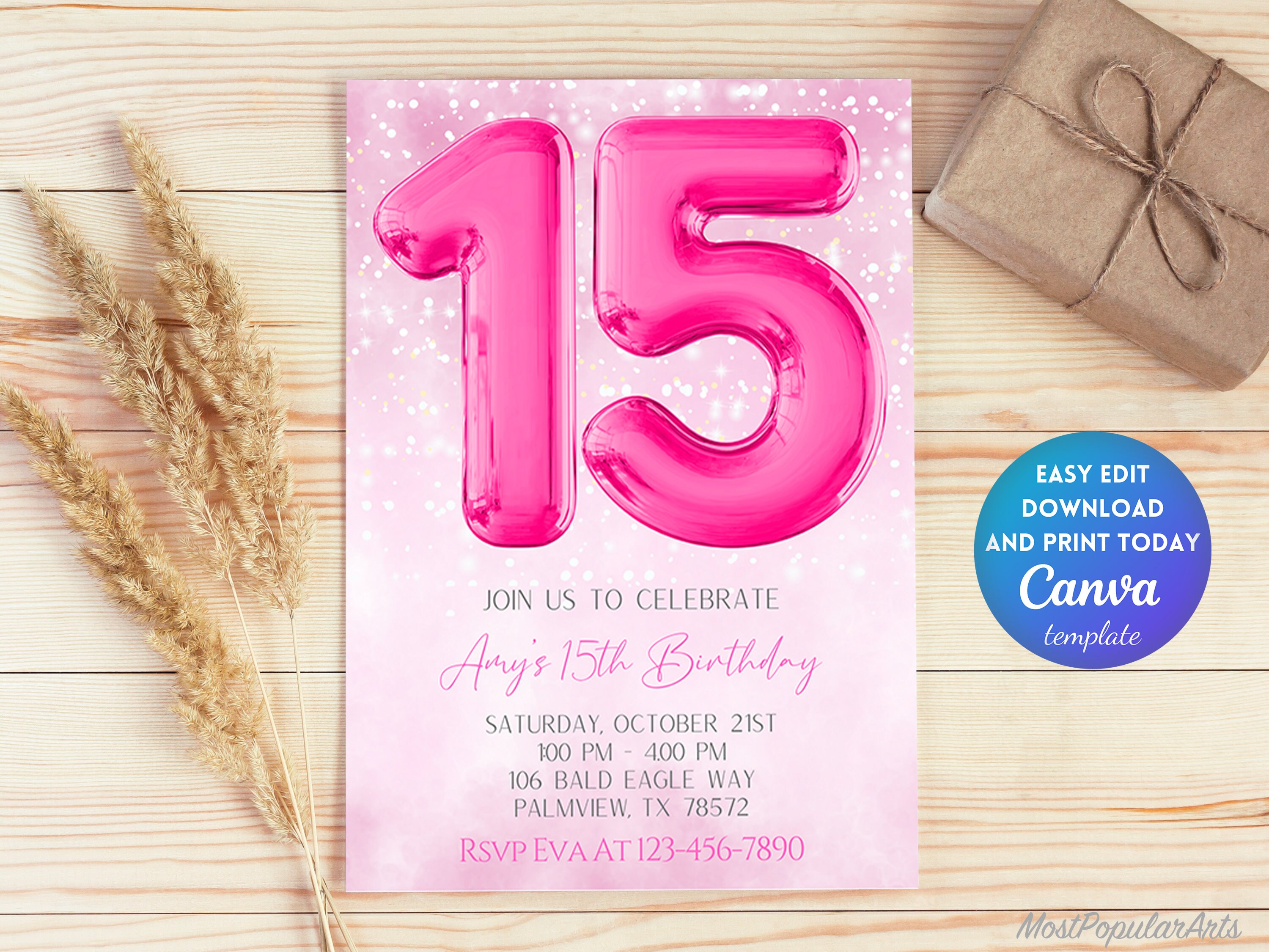 Editable Pink 15th Birthday Invitation Template, Glitter Birthday Party Invite, Rainbow Foil ...