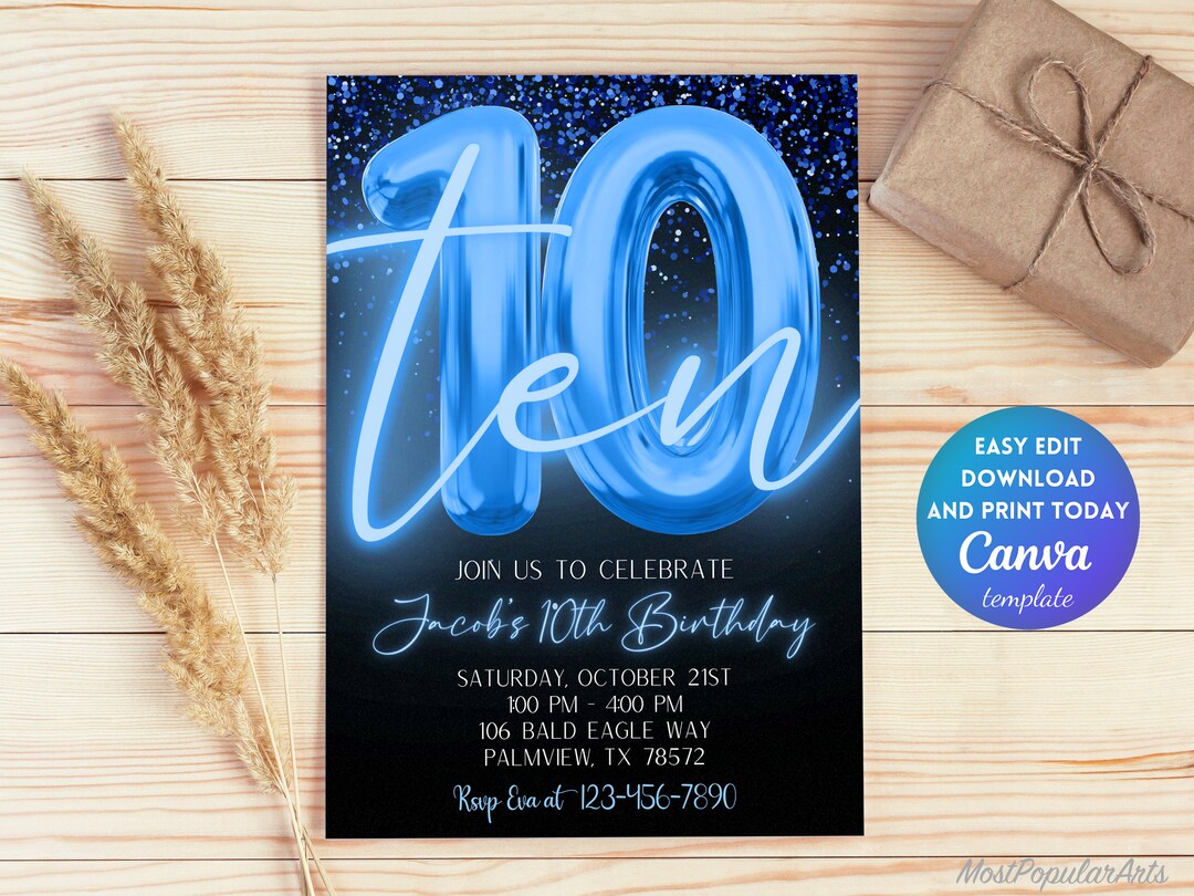 Editable Blue 10th Birthday Invitation Template, Glitter Birthday Party ...