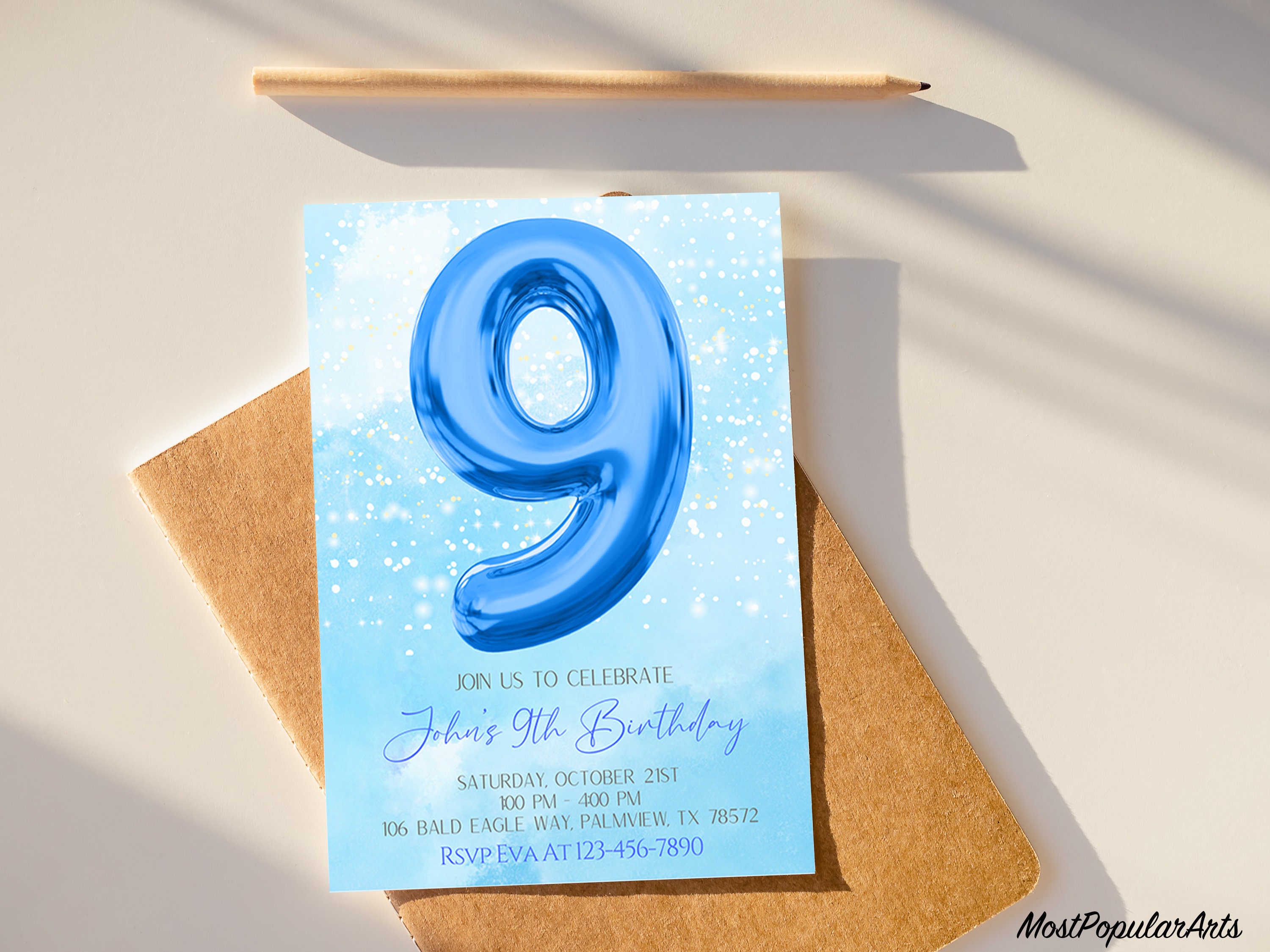 Editable Blue 9th Birthday Invitation Template Glitter - Etsy