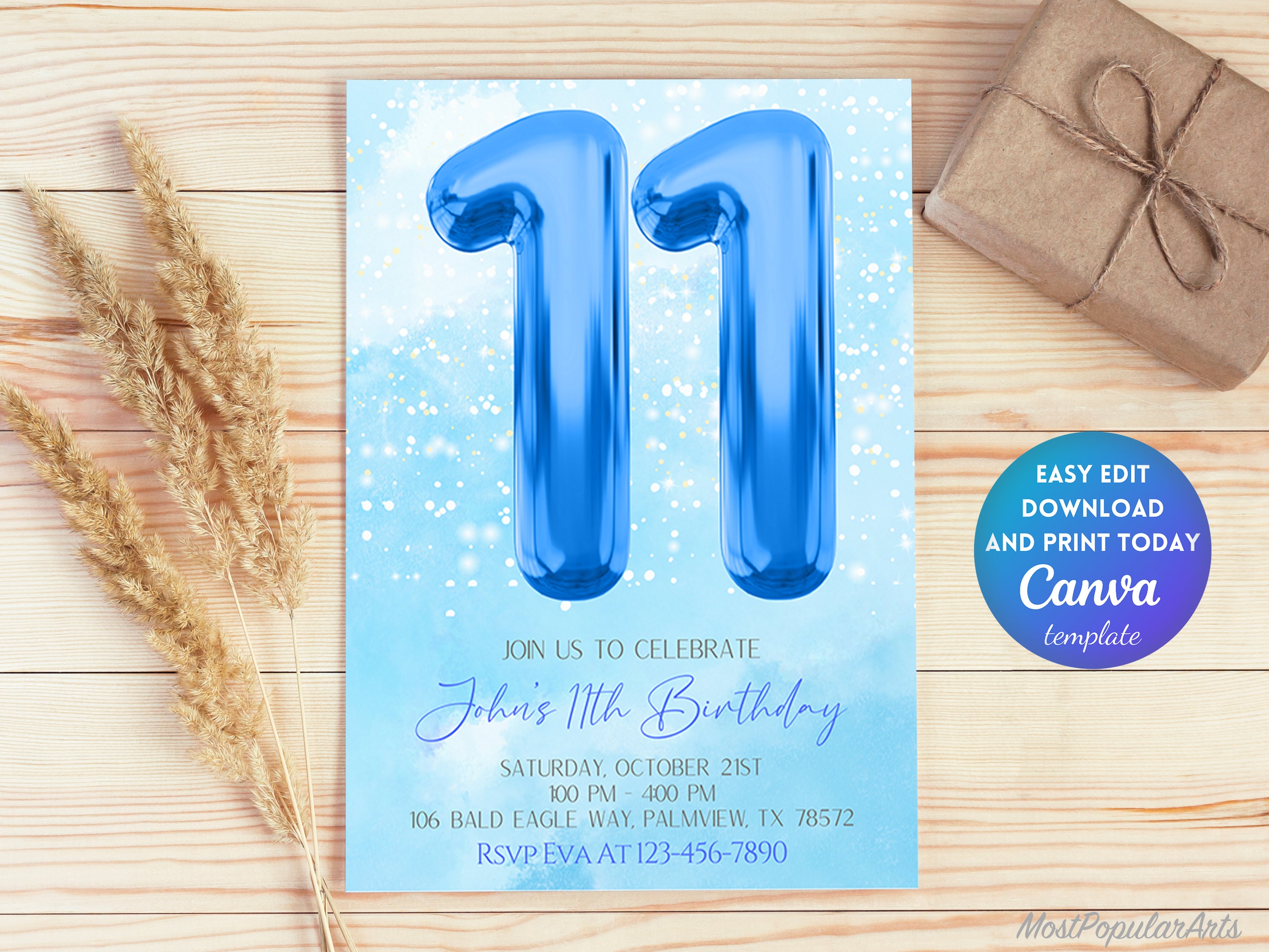 Editable Blue 11th Birthday Invitation Template, Glitter Birthday Party Invite, Boy Foil Boy ...