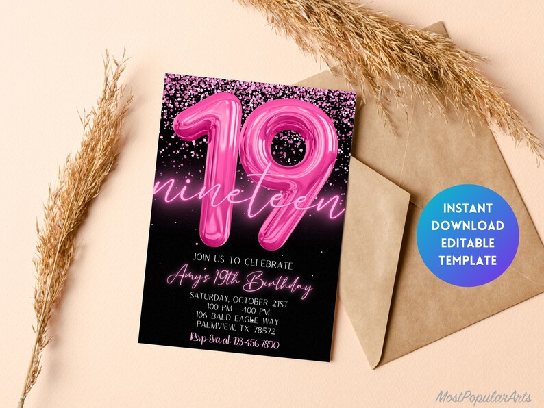 Editable Pink 19th Birthday Invitation Template Glitter - Etsy