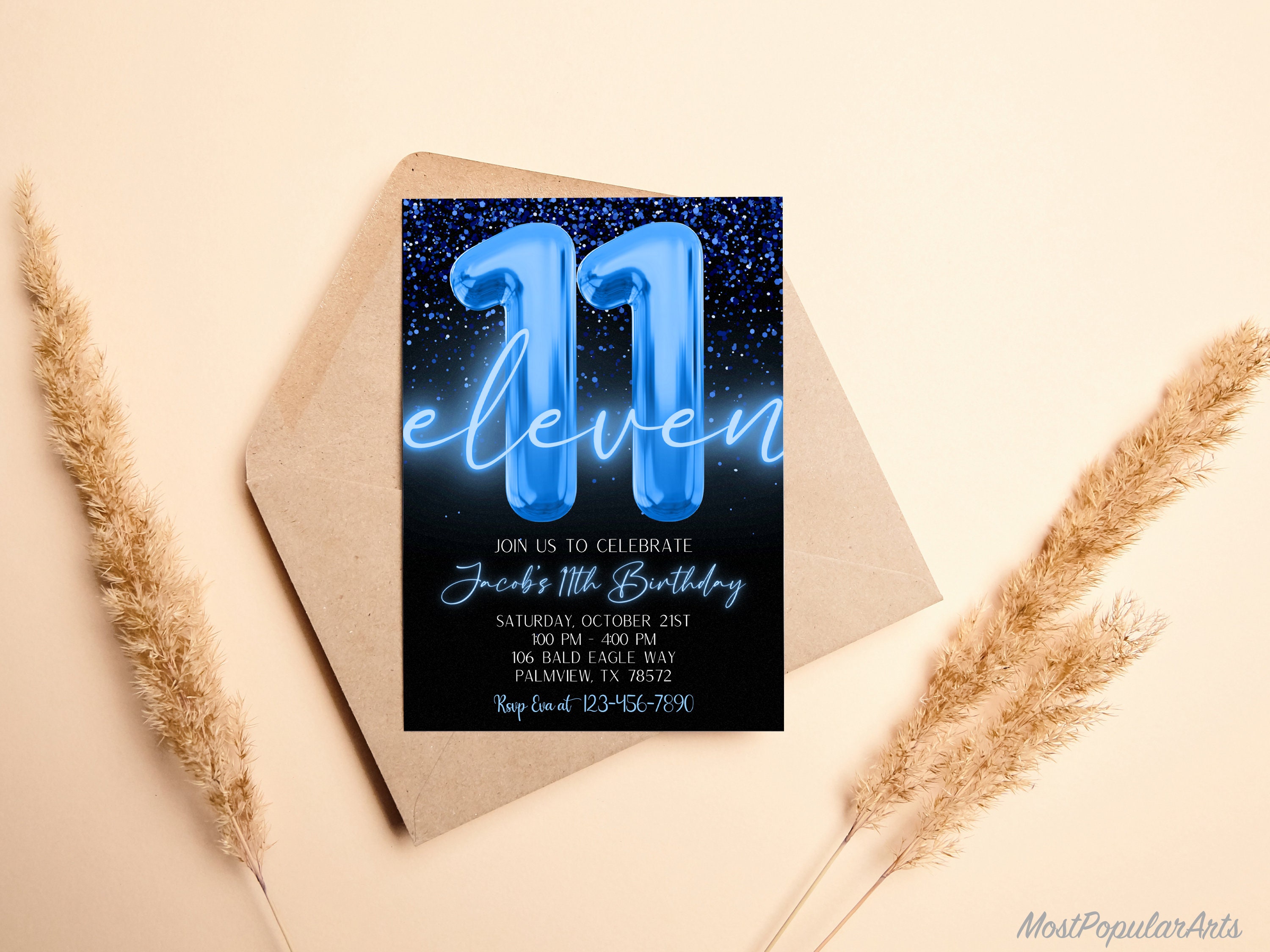 Editable Blue 11th Birthday Invitation Template, Glitter Birthday Party Invite, Boy Foil Boy ...