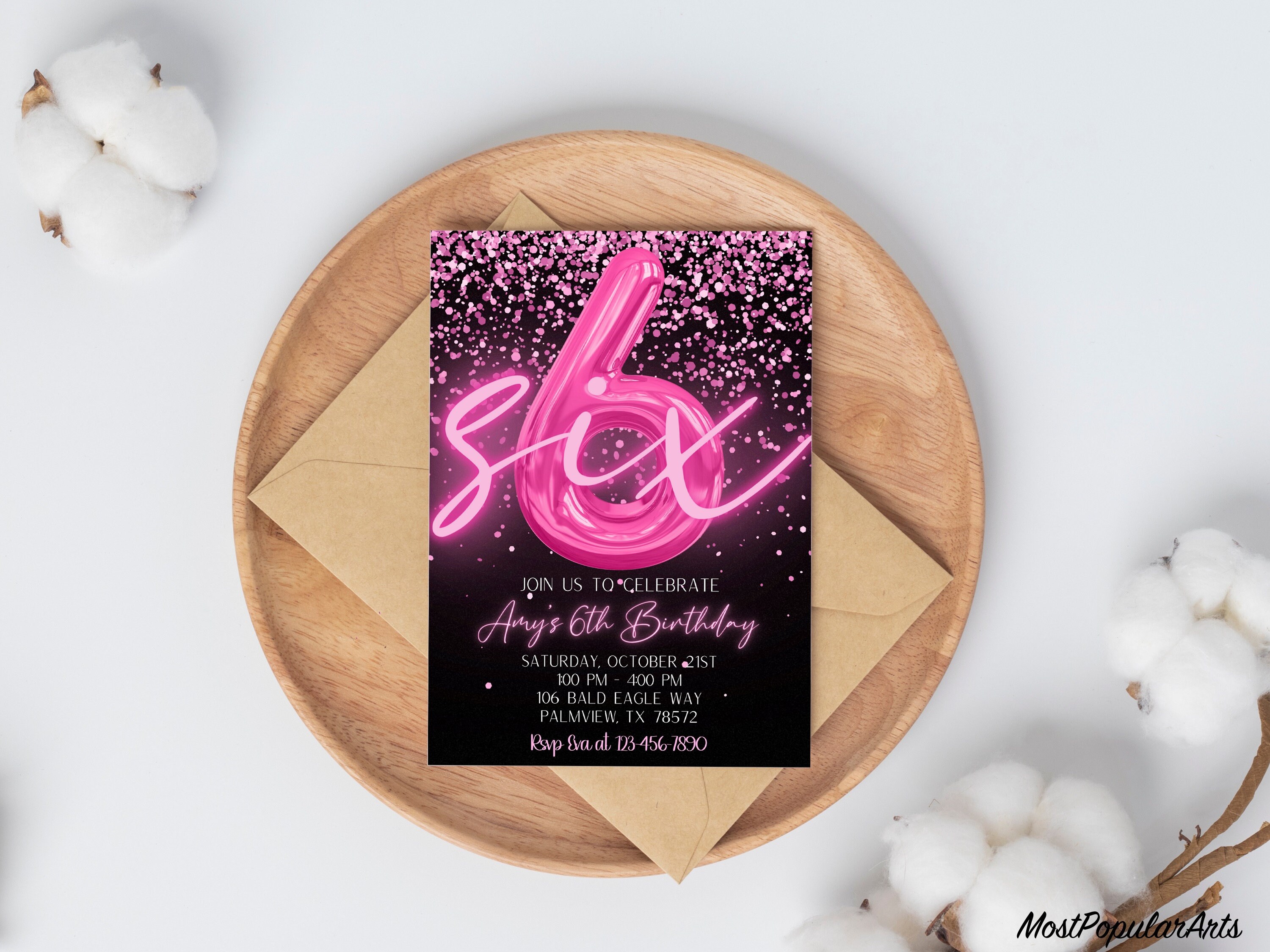 Editable Pink 6th Birthday Invitation Template, Glitter Birthday Party ...