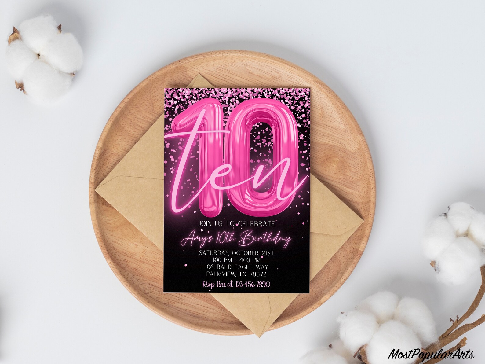 Editable Pink 10th Birthday Invitation Template, Glitter Birthday Party ...