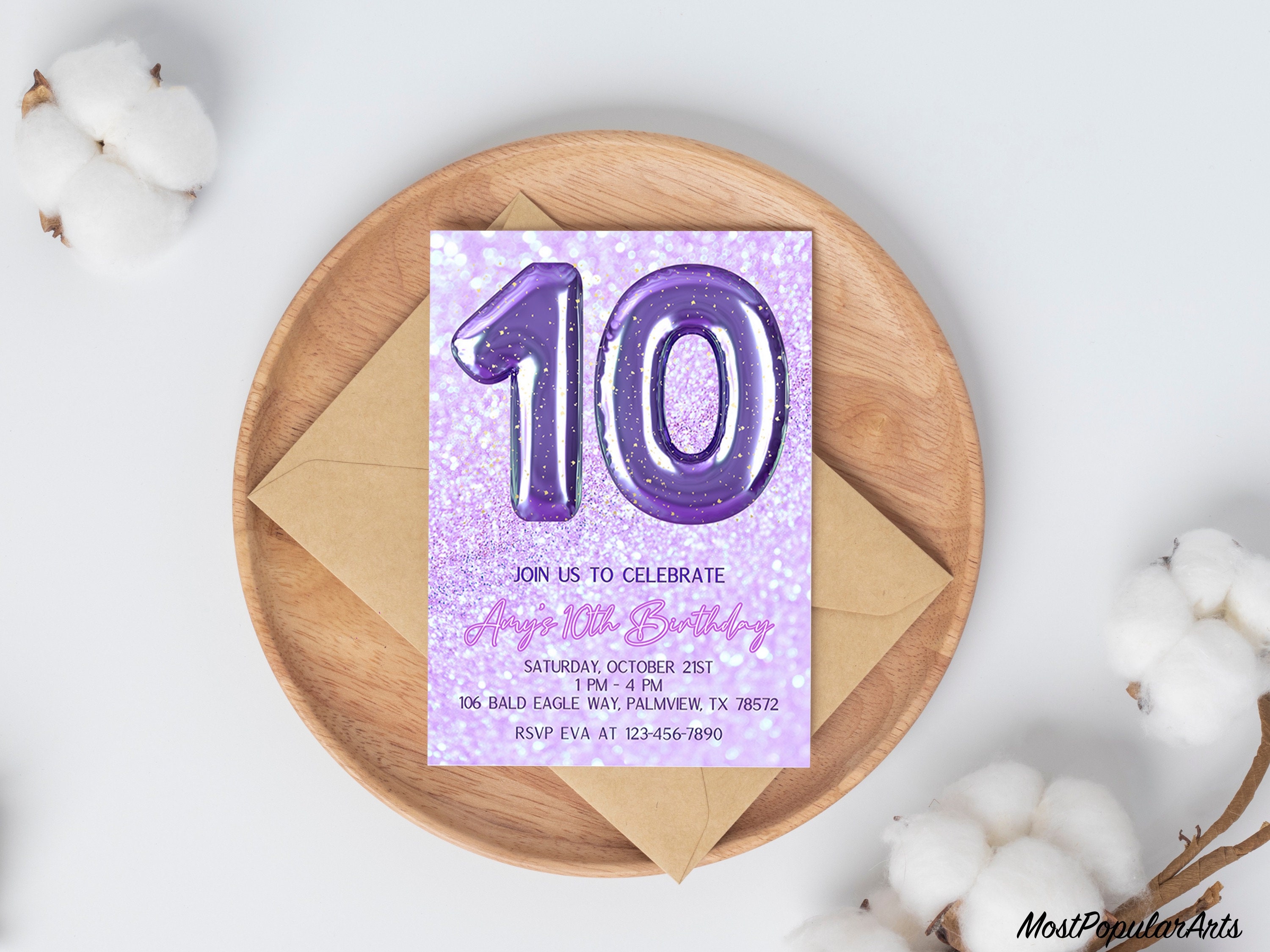 Editable Purple 10th Birthday Invitation Template, Glitter Birthday ...