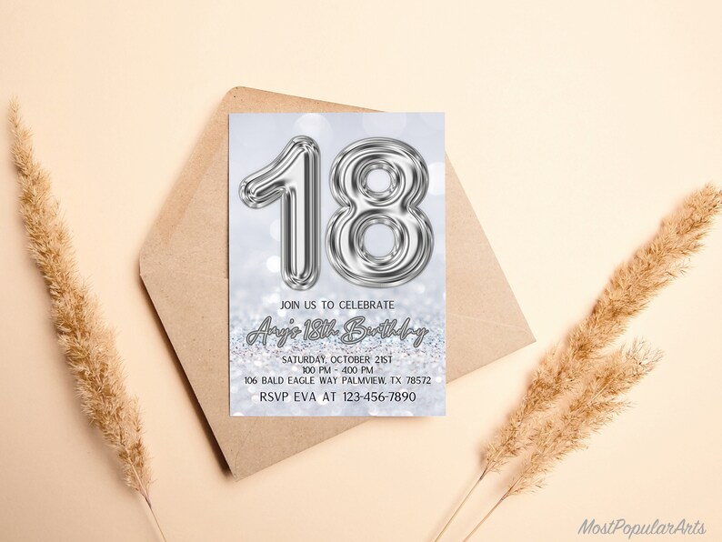 Editable Silver 18th Birthday Invitation Template Glitter - Etsy
