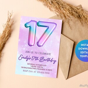 Editable Pink 17th Birthday Invitation Template, Glitter Birthday Party ...