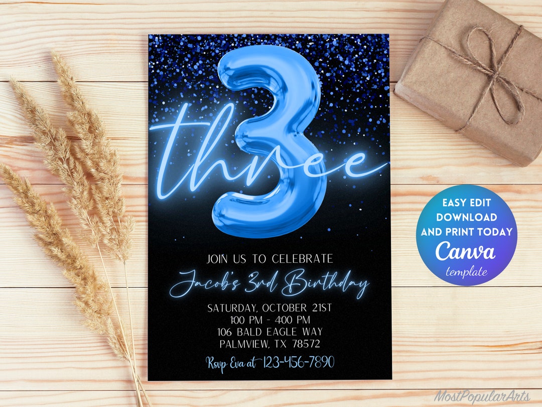 Editable Blue 3rd Birthday Invitation Template, Glitter Birthday Party ...