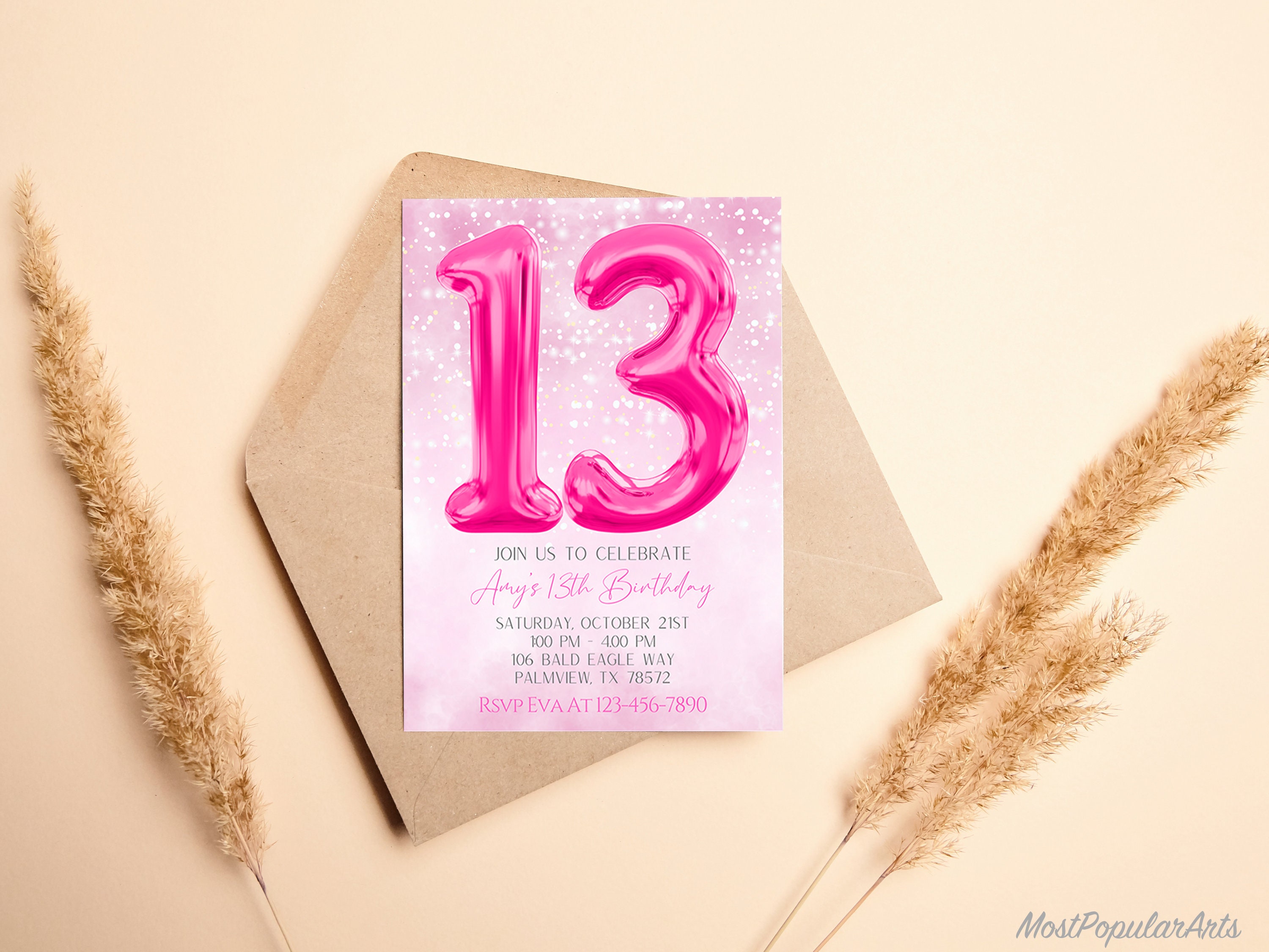 Editable Pink 13th Birthday Invitation Template Glitter - Etsy