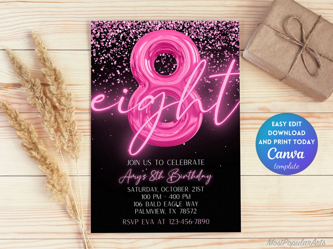Editable Pink 8th Birthday Invitation Template, Glitter Birthday Party ...